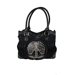 Lost Queen Black Goth Steampunk Flocked Ribcage Skeleton Cameo Handbag Shoulder Bag, Large