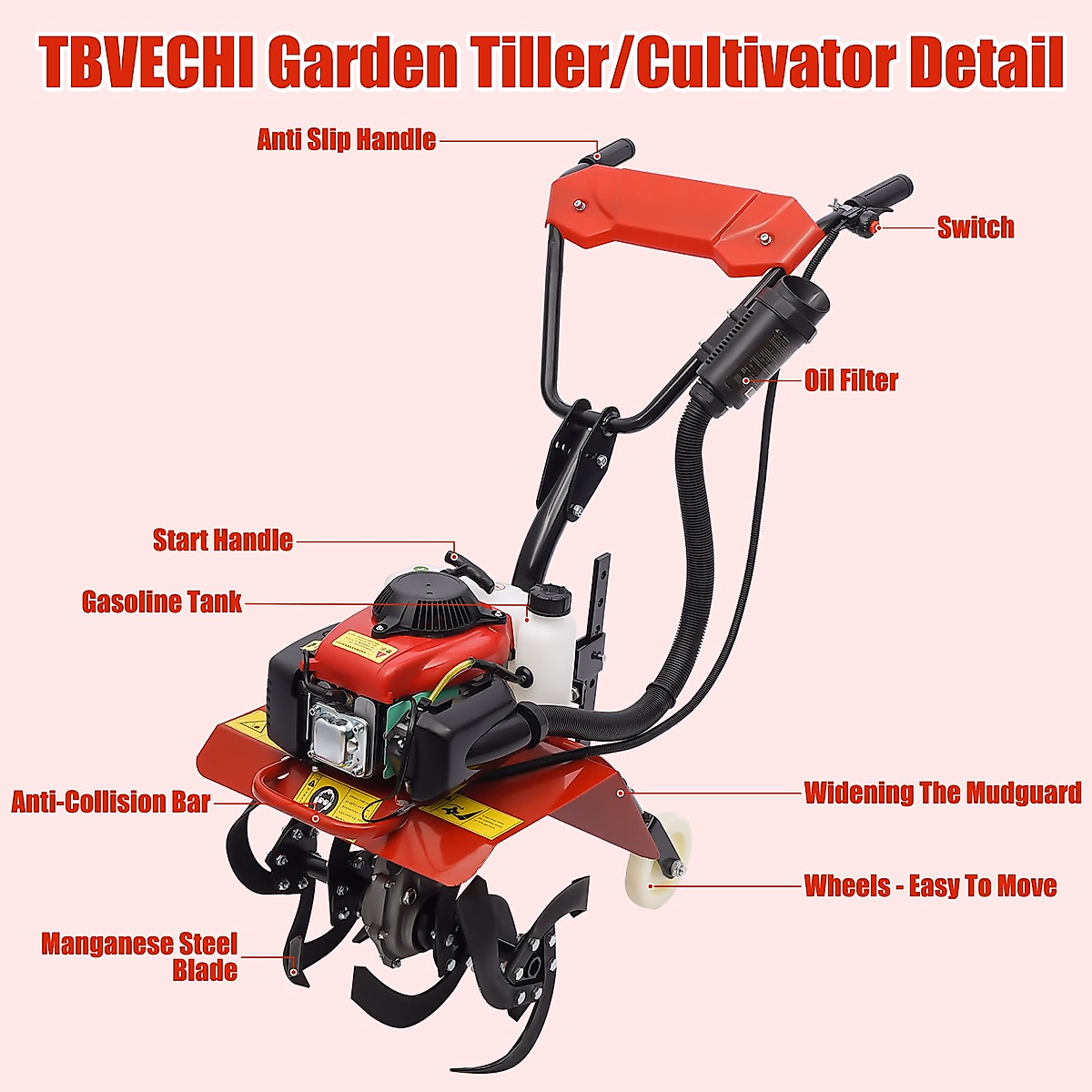 Garden Tiller/Cultivator 63CC 4-Stroke Gas Powered Hand Rotary Front Tine Tiller Rototiller Garden Tool Cordless, Gear Drive Transmission, Adjustable Tilling Depth