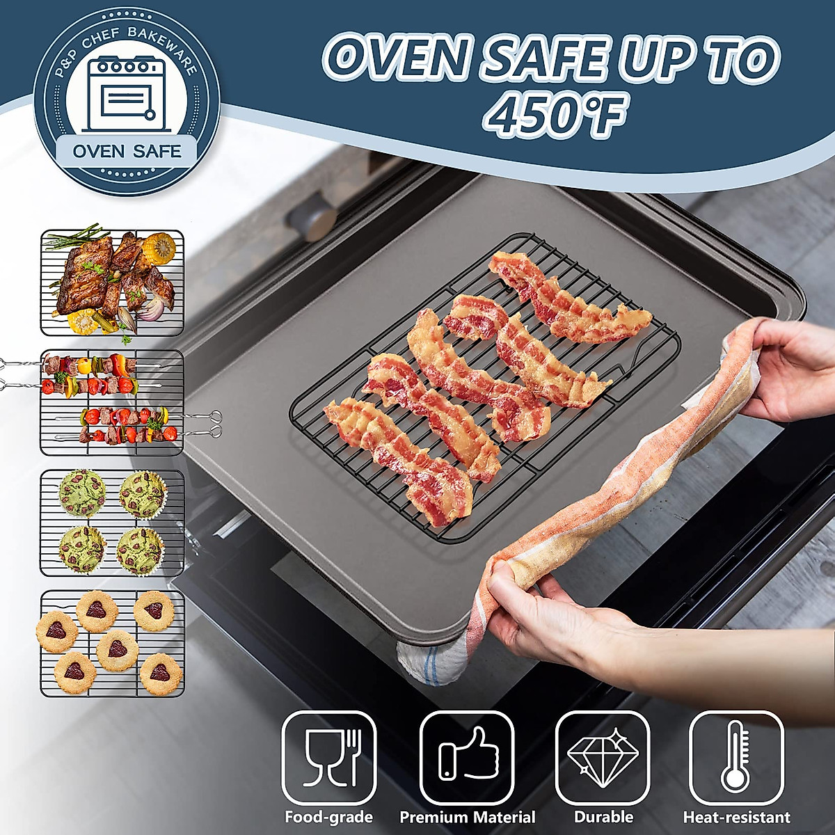 Cooling Rack Set of 2, P&P CHEF Non-stick Small Baking Racks for Cooking Grilling, 2 Pack 9.7” x 7.3” Drying Rack, Fit in Mini Toaster Oven, Stainless Steel Core & Dense Lines, Easy to Clean