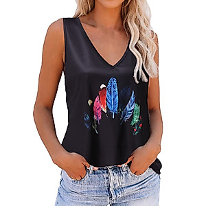 Aniywn Women V-Neck Tank Tops Casual Feather Print Sleeveless Workout Athletic Tee Shirt Gym Yoga Running Tops Blouse Black