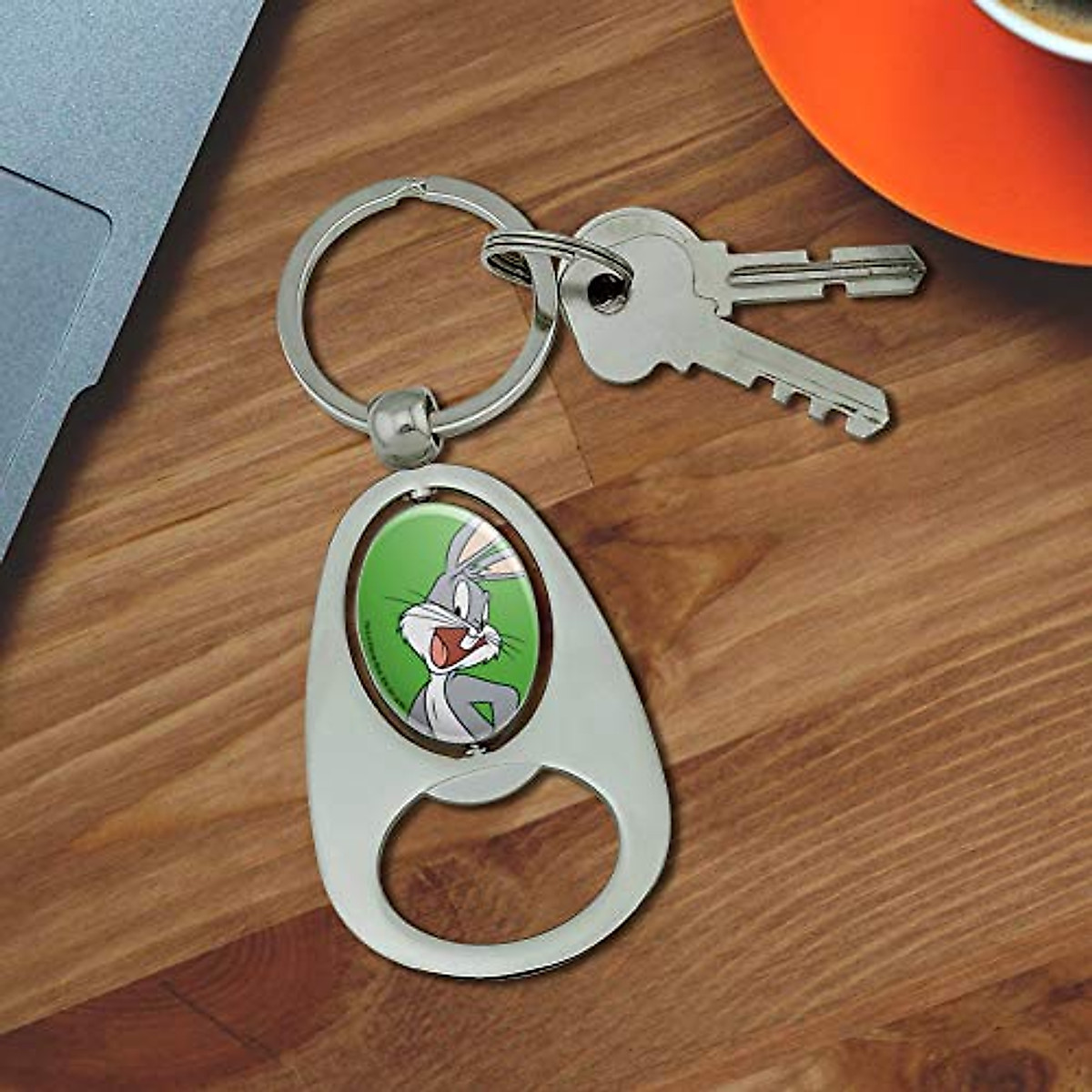 GRAPHICS & MORE Looney Tunes Bugs Bunny Keychain Chrome Metal Spinning Oval Bottle Opener