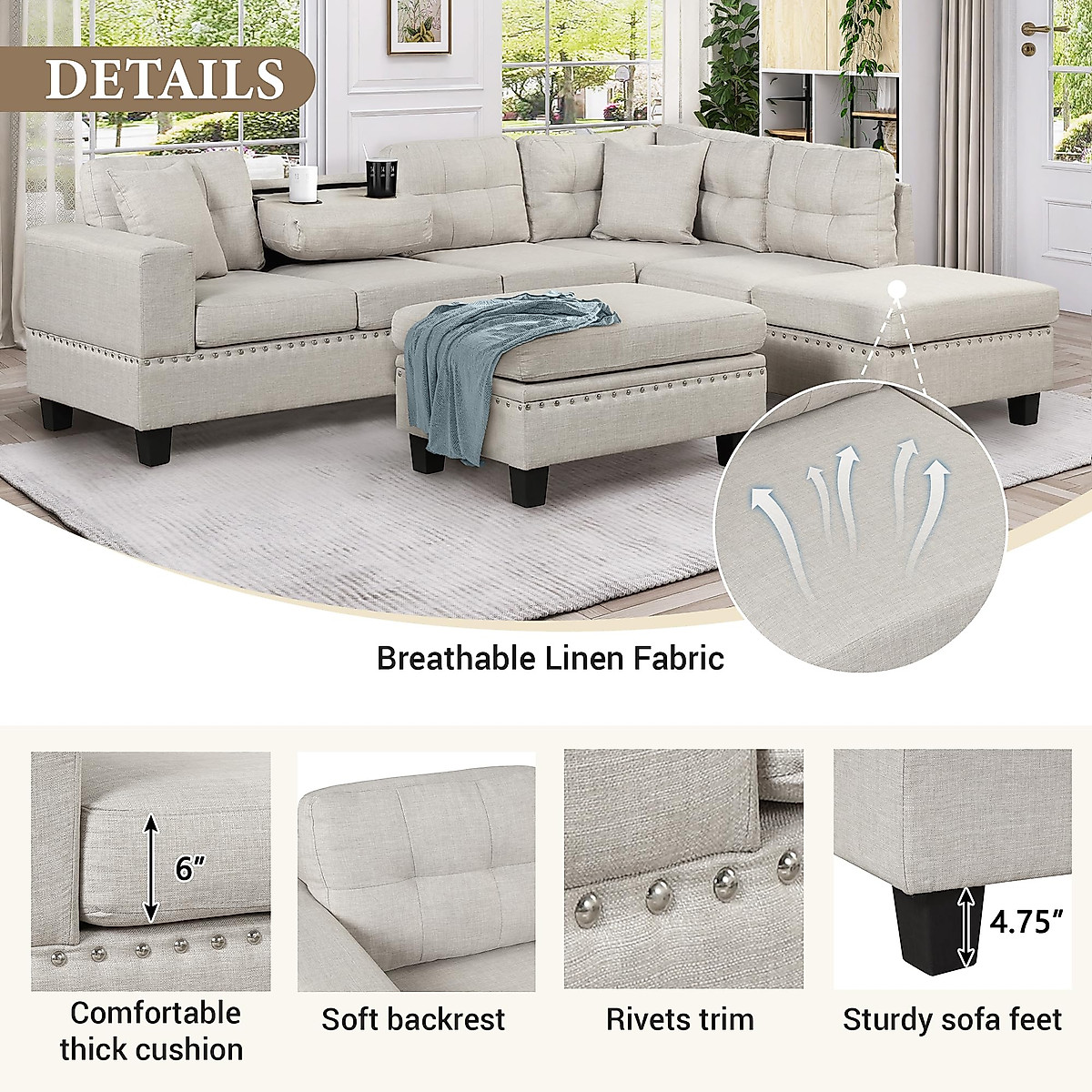 P PURLOVE Sectional Sofa with Reversible Chaise and 2 Pillows, Linen L-Shaped Sofa with Storage Ottoman and Cup Holders, Sectional Couche Living Room Furniture Sets (Light Gray)