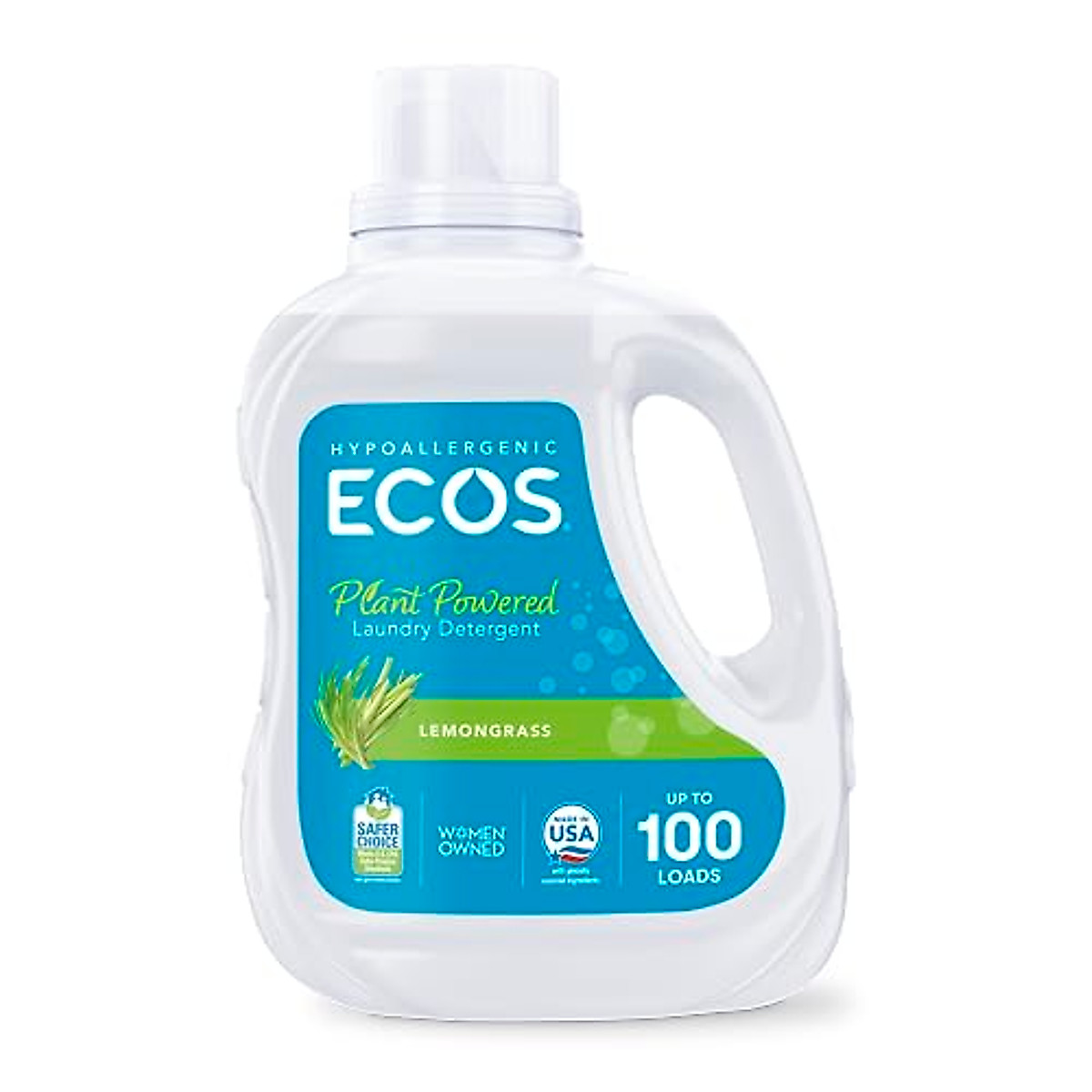 ECOS Laundry Detergent Liquid, 100 Loads - Dermatologist Tested Laundry Soap - Hypoallergenic, EPA Safer Choice Certified, Plant-Powered - Lemongrass, 100 Fl Oz