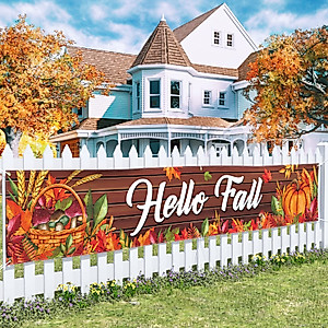 Probsin Happy Fall Banner 120"x 20" Decorations Outdoor Thanksgiving Decor Autumn Party Supplies Wooden Hello Fall Pumpkin Mushroom Harvest Welcome Hanging Backdrop for Garden Fence Yard Lawn Porch