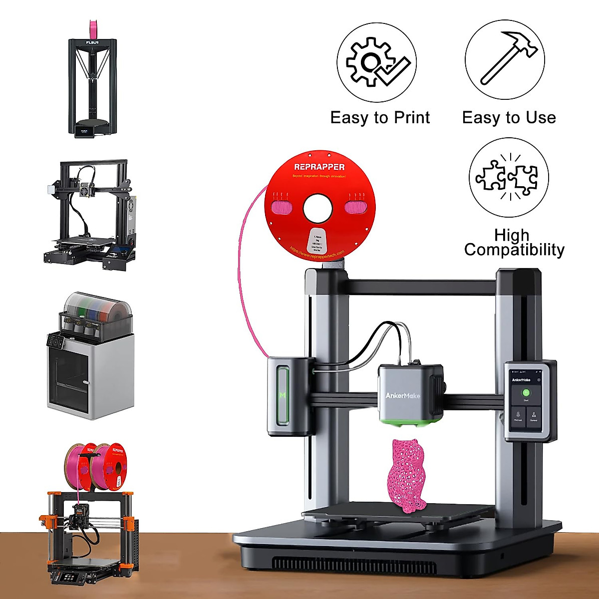 RepRapper Pink PLA 3D Printer Filament 1.75mm (± 0.03mm) 2.2lb (1kg) Cardboard Spool, Fit Most FDM Printer