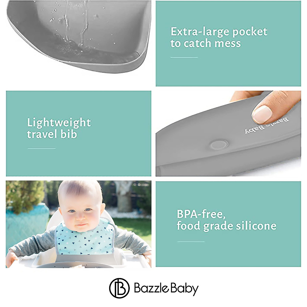 Silicone Bibs for Babies with Food Catcher - Waterproof Roll Up and Button. Quality, Extra Thick Toddler Silicone Bib 2-Pk