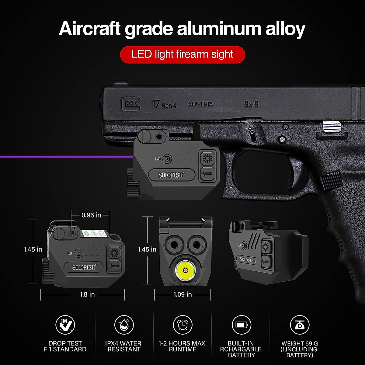 SOLOFISH 500 Lumens Pistol Light with Purple Green Laser Sight and Strobe Tactical Flashlight Combo, Rechargeable Weapon Light and Beams for Guns/Handguns W/a Rail