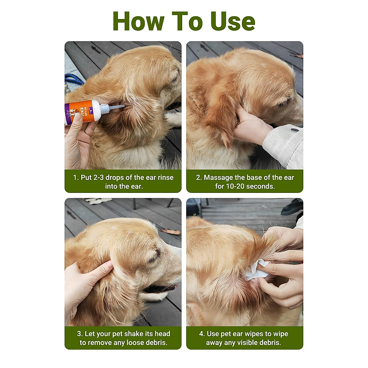 GJYC PET Dog Ear Cleaner-Ear Rinse & 100pcs Dog Ear Wipes & 30 Cotton Swabs Dog Ear Inflammation Therapy for Itch Relief, Soothe Ear Inflammation, Removes Wax, Odor