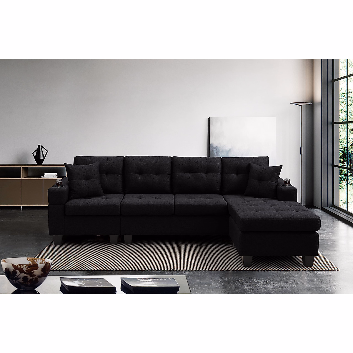 GINGVAT L Shaped Upholstered Sectional Sofa, Modern Fabric Couch with Reversible Chaise and 2 Cupholders, Living Room Furniture Fashion Design, Black