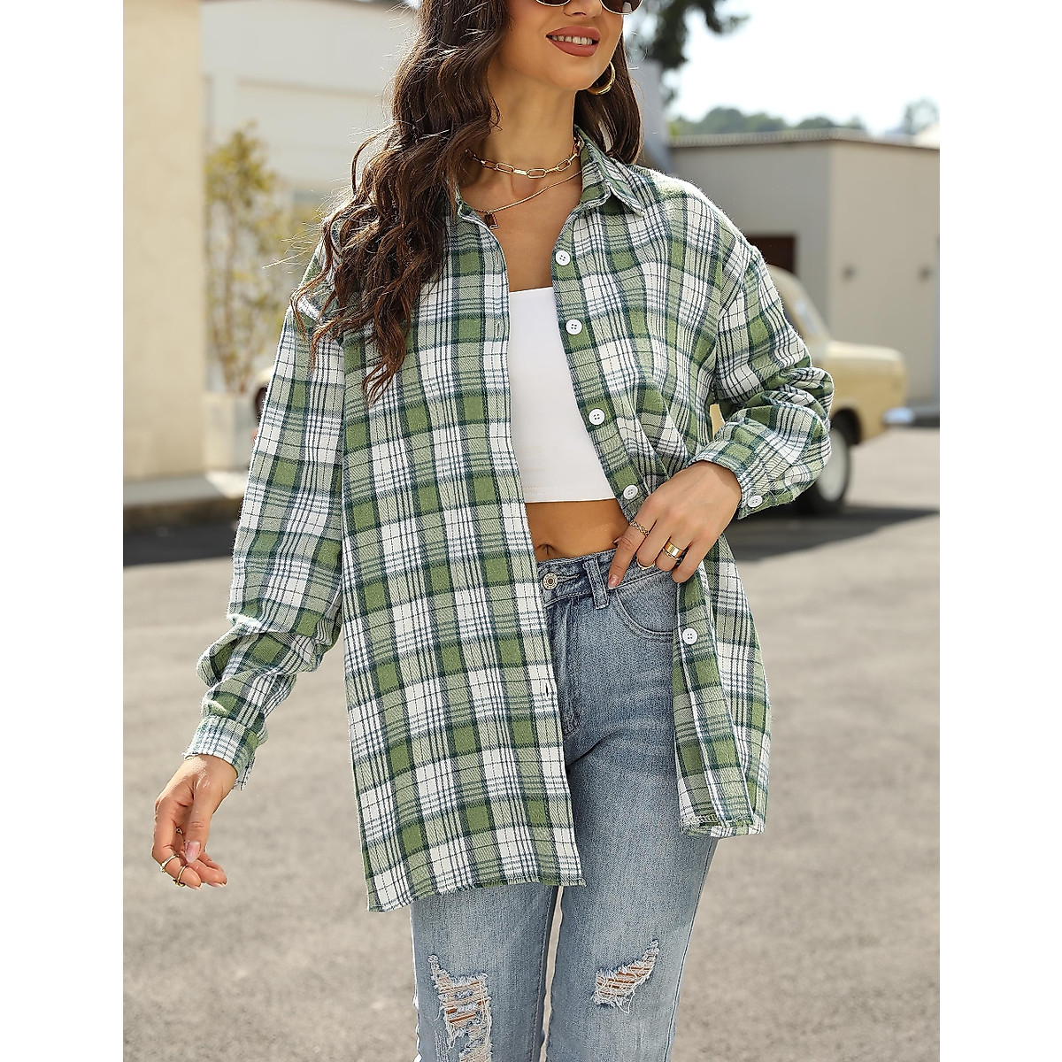 HangNiFang Flannel Plaid Shirts for Women Oversized Button Down Shirts Blouse(0768-LightGreen-L)