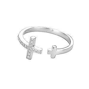 NewZenro Double Cross Faith S925 Sterling Silver CZ Crystal Opening Ring for Women Dainty Adjustable Statement Engagement Finger Christian Finger Rings Jewelry Gifts Birthday Bff