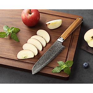 Wakoli Santoku Knife, 7-inch Blade Damascus Chef Knife made from 67 Layers of Damascus Steel with VG10 Core, Sharp Kitchen Knives with Olive Wood Handle, Meat Knife for All Tasks in Gift Box (Oribu)