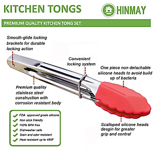 HINMAY Mini Tongs with Silicone Tips 7-Inch Serving Tongs, Set of 3 (Green Red Blue)