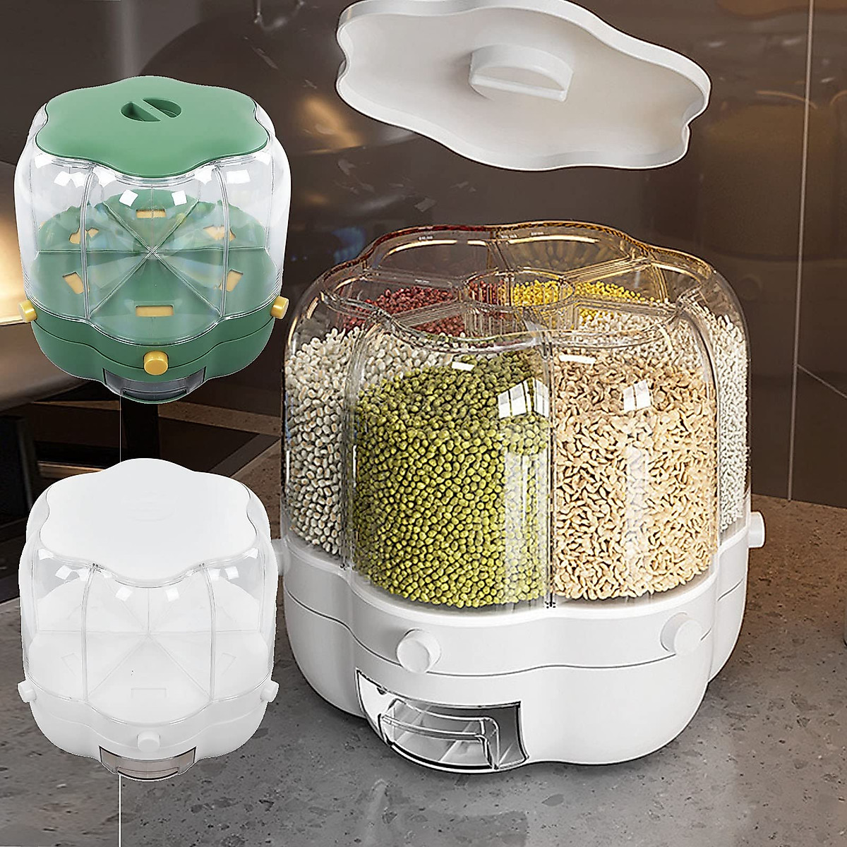 Rice Dispenser Box, 6 Compartments Rotating Grain Container Large Capacity Grain Storage Box Home Kitchen Separate Rice Bucket Dry Food Dispenser for Rice, Millet, Barley, Beans (White 9kg / 19.84lb)