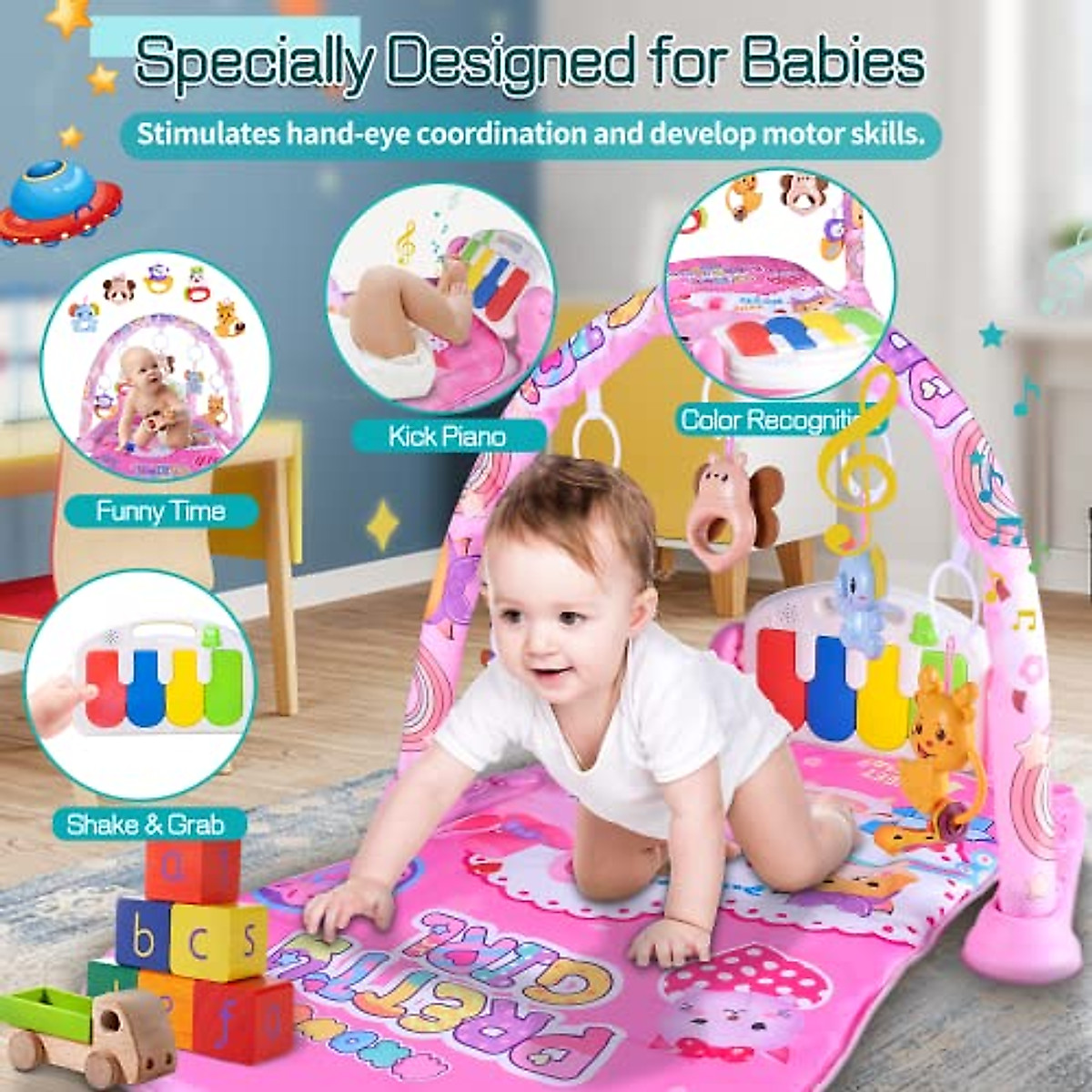 Baby Play Gym Mats, Baby Activity Mat for Sensory and Motor Skill Development, Baby Funny Play Piano Gym with Music and Lights Activity Gym Play Mat Center for Newborn 0-12 Months