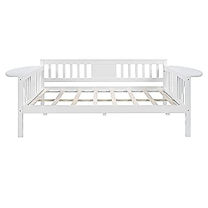 UBGO Full Daybed, Wood Size Sofa Bed with 2 Folding Tables, Children's Cot, Bedroom Living Room Furniture, Wooden Slat Support, Box Required, White C