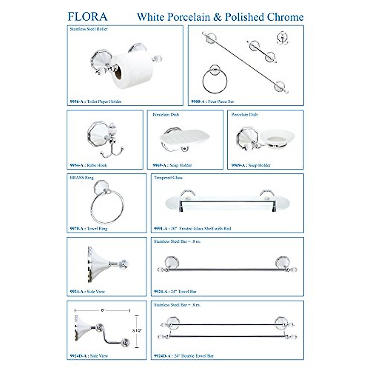 MODONA Double Robe & Towel Hook - White Porcelain & Chrome - Flora Series - 5 Year Warrantee