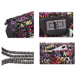 Wxnow Quilted Crossbody for Women PU Leather Shoulder Bags Purse with Chain Strap Handbags Black Graffiti