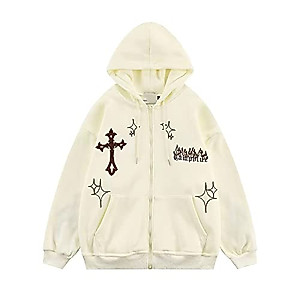 Ponitrack Aesthetic Hoodie Y2K Hoodie Gothic Hoodie Flame Cross Print Streetwear Women Oversized Hoodie Zip Up (White,M,Medium)
