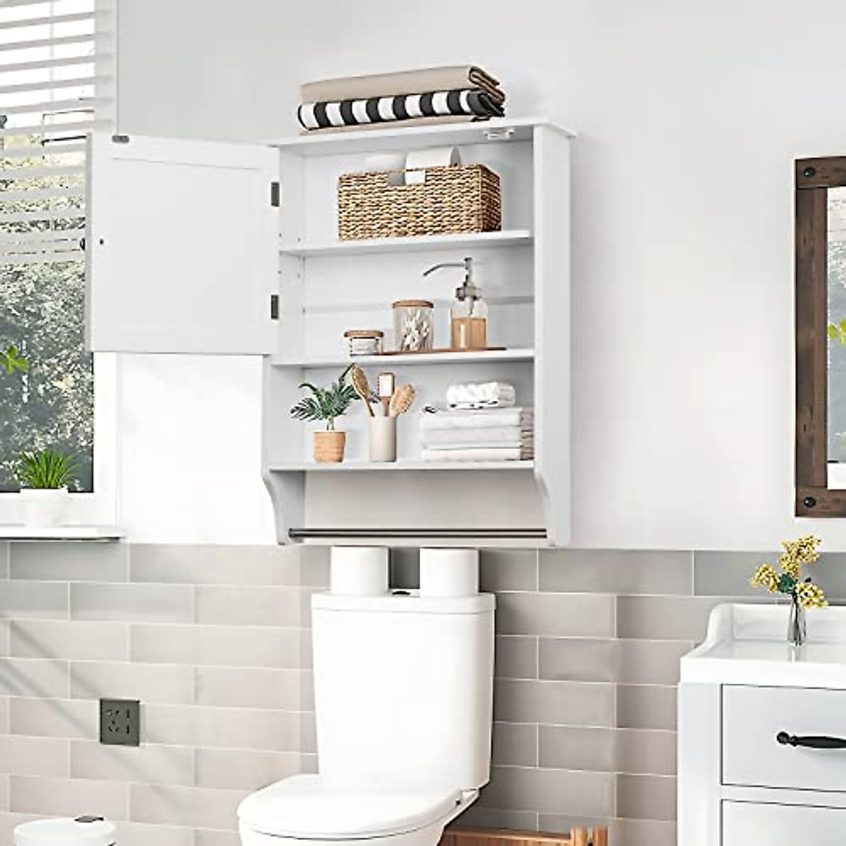 Iwell Bathroom Wall Cabinet with Adjustable Shelf in 3 Positions & Towel Bar, Medicine Cabinet with Door, Wall Mount Bathroom Cabinet, Over The Toilet Space Saver Storage Cabinet, White