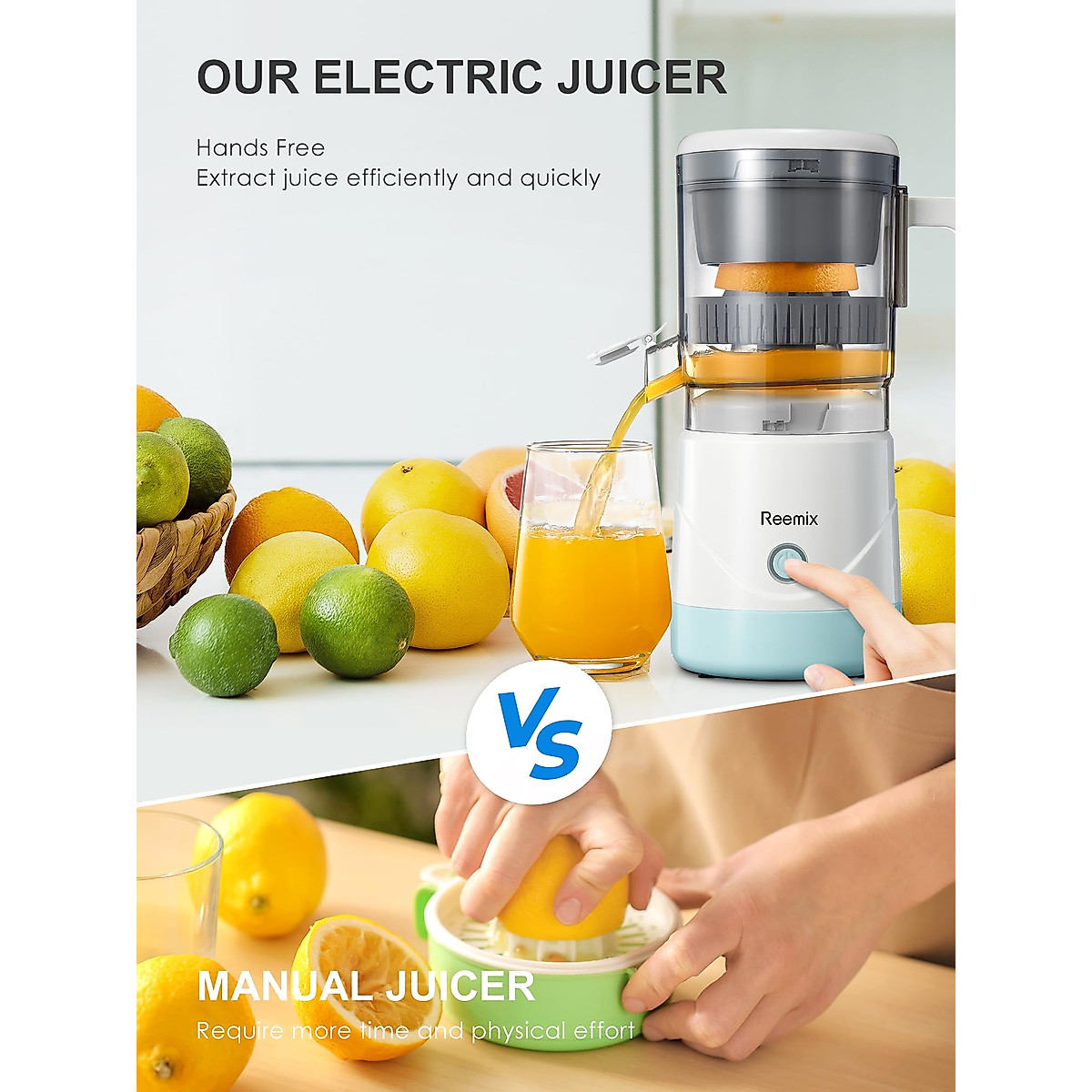 Electric Citrus Juicer, Reemix Full-Automatic Orange Juicer Squeezer for Orange, Lemon, Grapefruit, Citrus Juicer with Cleaning Brush, Easy to Clean and Use (White)