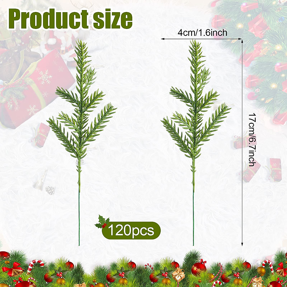 120 Pcs Christmas Artificial Pine Needles Branches 6.7 x 1.6 Inches Fake Pine Branches Greenery Garland Christmas Tree Branches Green Leaves Needle for DIY Crafts Christmas Wreaths Home Garden Decor