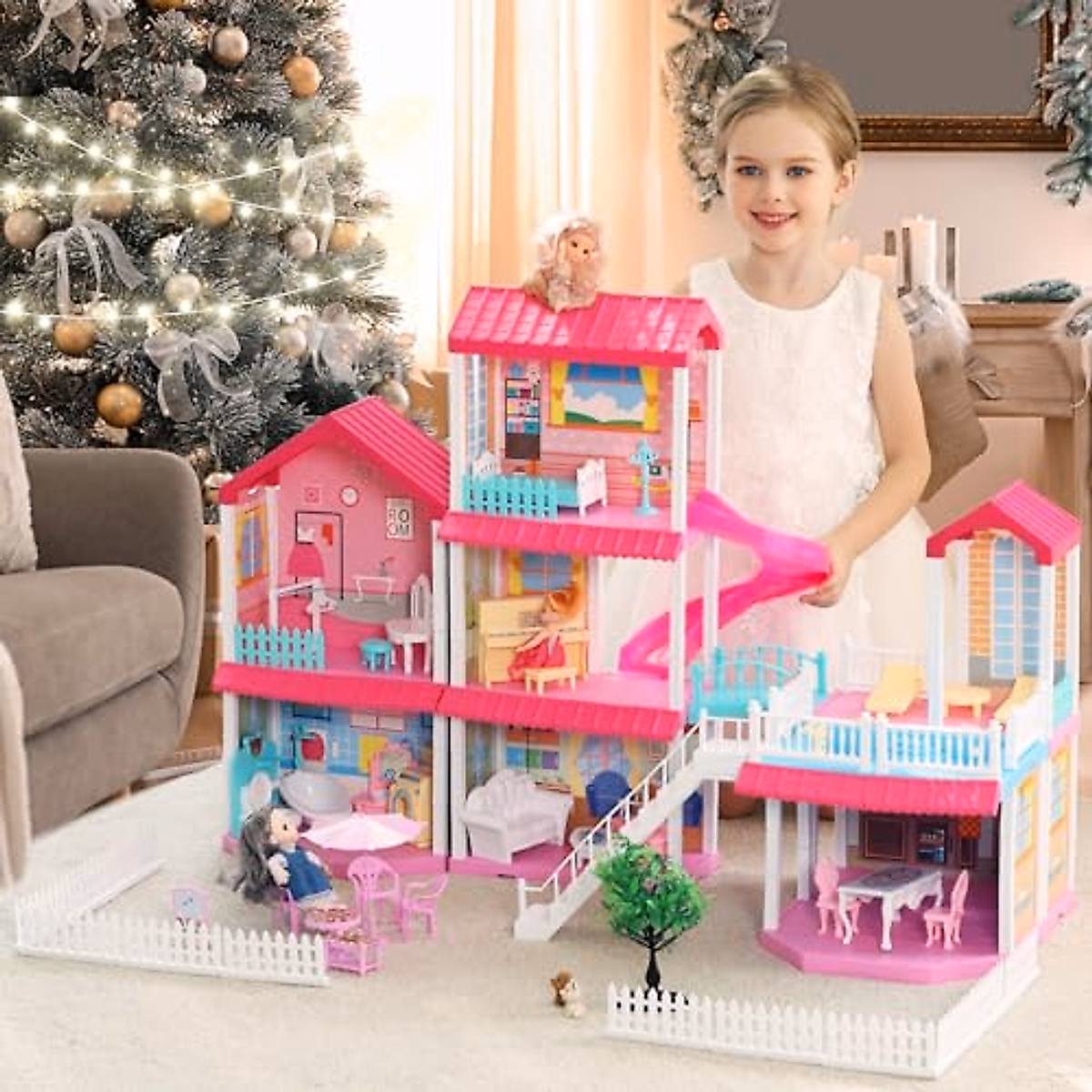 Doll House, Dream House for Girls 3 Stories 7 Rooms Dollhouses with 3 Dolls Toy Figures, Swim Pool, Slide, Furniture and Accessories, Pretend Playhouse Gift Toy for Kids Ages 3 4 5 6 7 8+