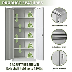 IKIMI Metal Storage Cabinet with Doors and Adjustable Shelves Steel Locking Tall Cabinet Utility Locker Tool Cabinets for Home Office Garage Gym Shop