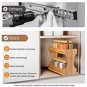 Teamkio Bamboo Spice Rack Organizer for Cabinet, 2-Tier Pull Out Spice Rack, Tool-Free Install Slide Out Vertical Seasoning Spice Organizer for Kitchen Cabinet（Bottles not included