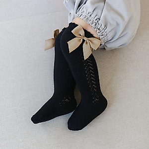 Taous Assam Baby Girls Knee High Socks Toddler Mesh Bowknot Breathable Dress Socks Little Girls Cotton Tube Stockings 5-Packs Bow Size 0-12 Months