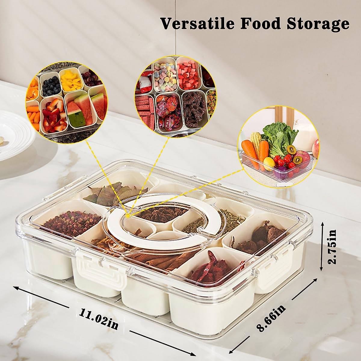 Luxital Divided Serving Tray with Lid and Handle - Portable Snackle Box Container - Snackle Box for Travel - Clear Organizer for Fruit, Veggie, Candy, Nuts - Perfect for Party, Picnic (2L)