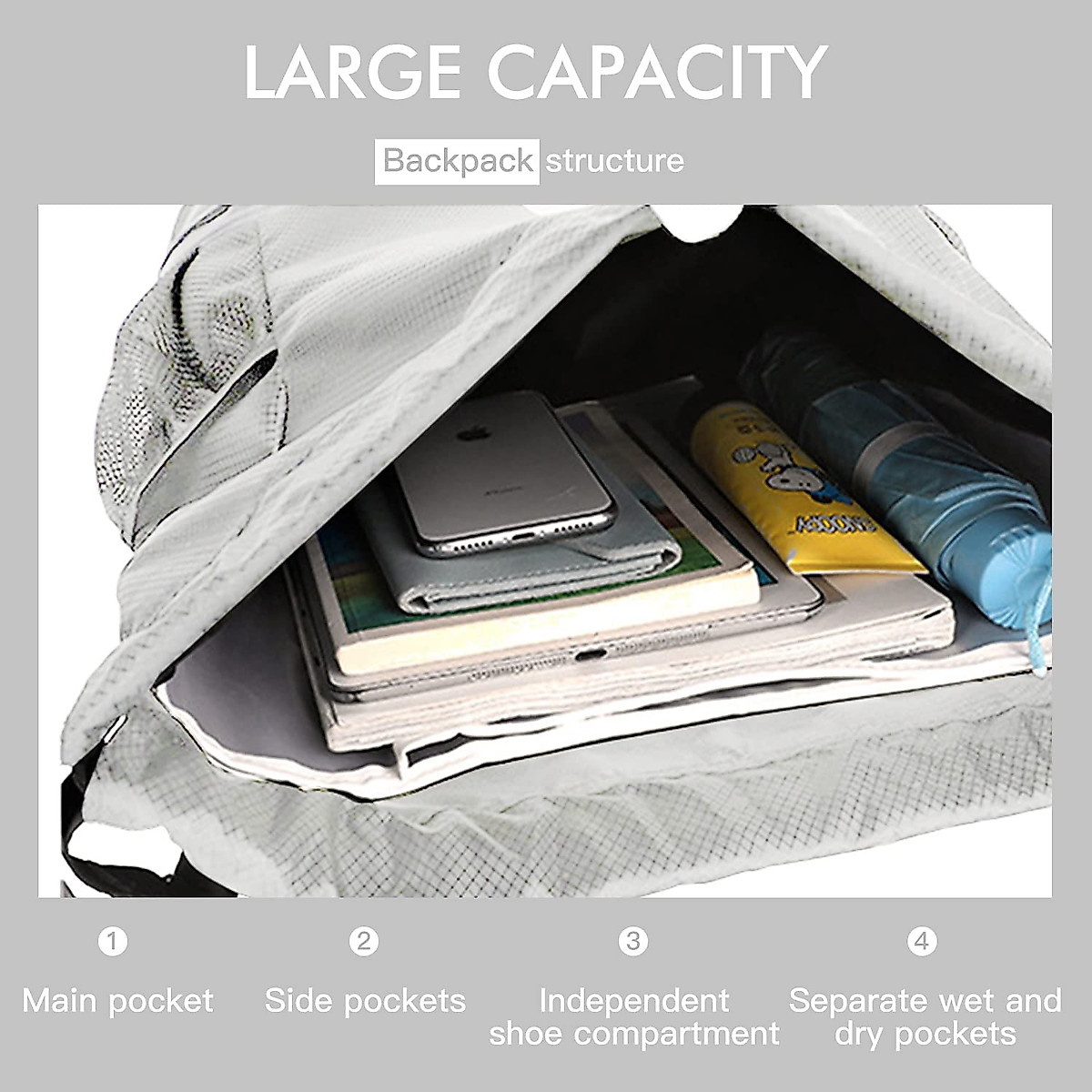 Drawstring Backpack Waterproof with Mesh PocketsString Bag Sackpack Nylon Gym Bag for Swim Sport Hiking Travel Beach,Lightweight Large,2