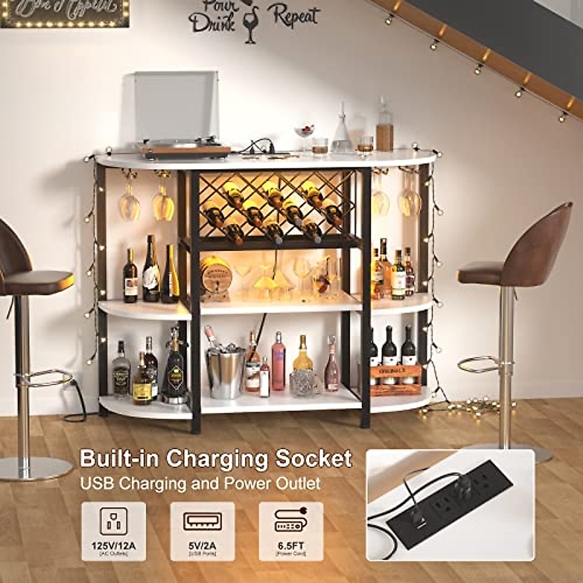 Unikito Bar Table Cabinet with Charging Station,Wine Rack Table with LED light, Wine Bar Cabinet with Storage, Freestanding Floor Bar Cabinet for Liquor and Glasses for Home Kitchen Dining Room, White