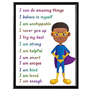 Superhero Motivational Wall Art - Colorful Inspirational Wall Decor - Positive Quotes for African American Boys Room - Self affirmation Gift for Toddler Kid Children Son - You Are Enough Brave Print