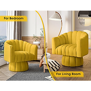 Accent Chair Mid Century 360 Degree Swivel Chair,Modern Lounge Sofa Round Barrel Chair with Wide Upholstered,Fluffy Velvet Fabric Chairs for Home Sofa Living Room/Bedroom/Waiting Room(Yellow)