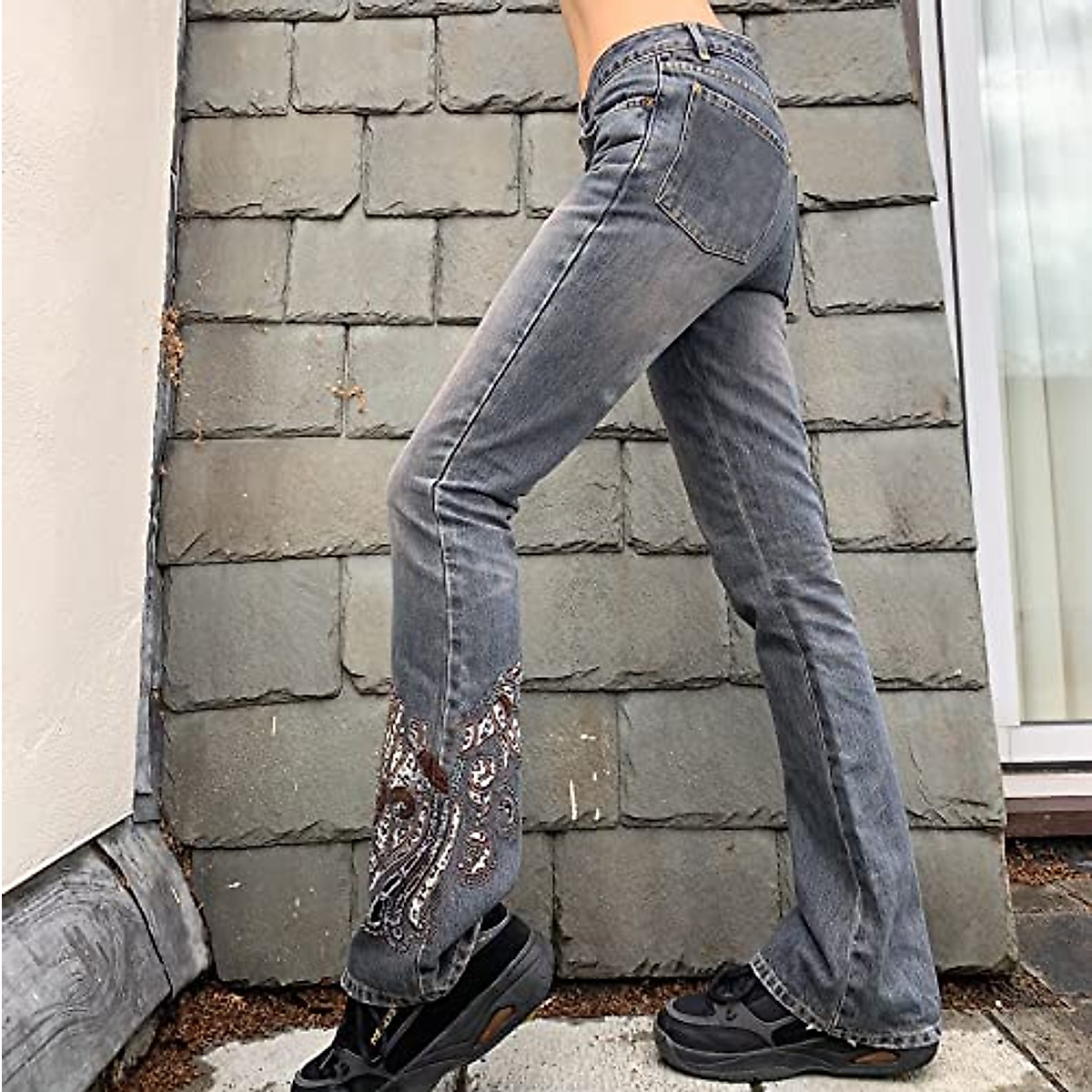 HOXIJIA Women High Waisted Wide Leg Denim Pants Y2K Patterned Baggy Flared Hem Jeans Stretch Bell Bottom Trousers (Blue-E, M)