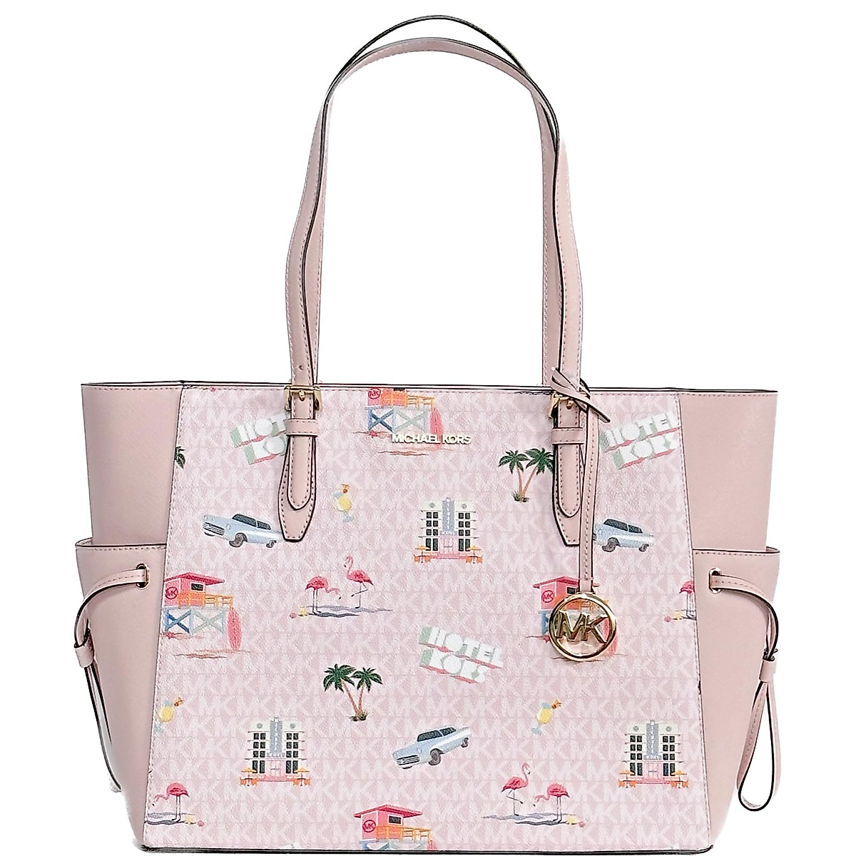 Michael Kors Gilly Large Drawstring Tote Light Powder Blush Pink MK Signature Miami Beach Palm Trees Flamingos 35S3G2GT7V