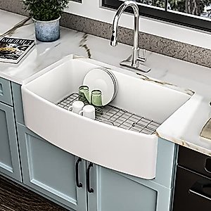 33 White Farm Sink - Fulorni 33"x20" Curved Apron Front Farmhouse Sink Single Bowl Ceramic Porcelain Fireclay Farmer Style Kitchen Sink Basin