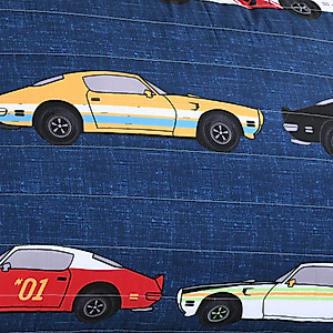 Lush Decor Cars Throw | Fuzzy Reversible Sherpa Blanket with Racing Print Design for Kids-60” x 50, Navy