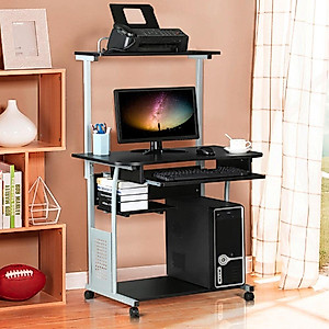 Yaheetech 3 Tiers Mobile Computer Desk with Printer Shelf & Keyboard Tray Rolling Computer Desk for Small Spaces, Compact Study Desk Workstation with Wheels, Space Saving, Black