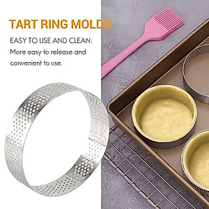Exogio 10Pcs Circular Tart Ring 8 cm, Stainless Steel Porous Tart Bottom Ring, Heat-Resistant Perforated Pie Cake Mousse Mould Baking for Kitchen, Dessert Making