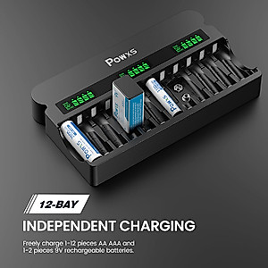 POWXS Rechargeable AA AAA 9V Battery Charger with 1800mA High-Speed, 12 Bay Independent Battery Charger for 1.2V Ni-MH Ni-CD AA AAA 9V Rechargeable Batteries and 9V Lithium ion(Include AC Cable)