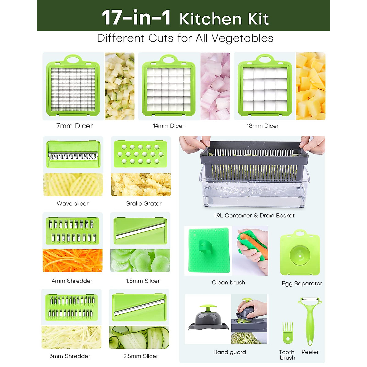 17-in-1 Vegetable Chopper with 9 Blades, Container and Drain Basket - For Veggies, Fruits, Onions, Potatoes, Carrots