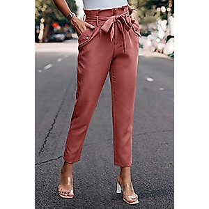 PRETTYGARDEN Women's Casual Long Pants High Waist Belted Paper Bag Work Pant Trousers with Pockets (Brick Red,Small)