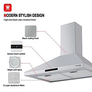 30 inch Range Hood, GASLAND Chef PR30SSN Wall Mount Vent Hood Stainless Steel, Ducted Stove Hood with Sensor Touch Control, Convertible Chimney-Style, LED Lights, Aluminum Mesh Filters