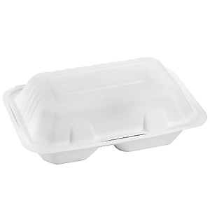 Elsjoy 90 Pack 9"x 6" Clamshell Take Out Containers, 2 Compartment Compostable Hinged Food Containers Disposable To Go Boxes, Sugar Cane Takeaway Boxes for Restaurant, Party, Microwave Safe