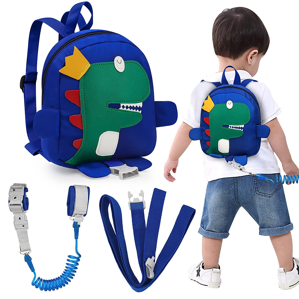 Accmor Toddler Harness Backpack with Leash, 4 in 1 Kid Dinosaur Backpacks with Anti Lost Wrist Link, Child Harnesses Leashes for Walking, Cute Toddler Back Pack Rope Tether for Boys Girls(Blue)