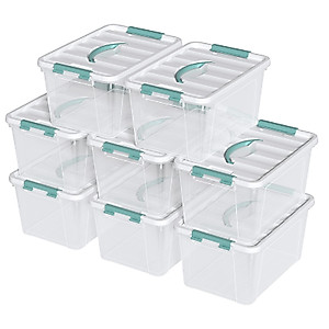 Uumitty 14 Quart Stackable Storage Bin with Latching Lid, Plastic Container Box to Organize Office, Crafts, Clear Base and White Lid, 8-Pack