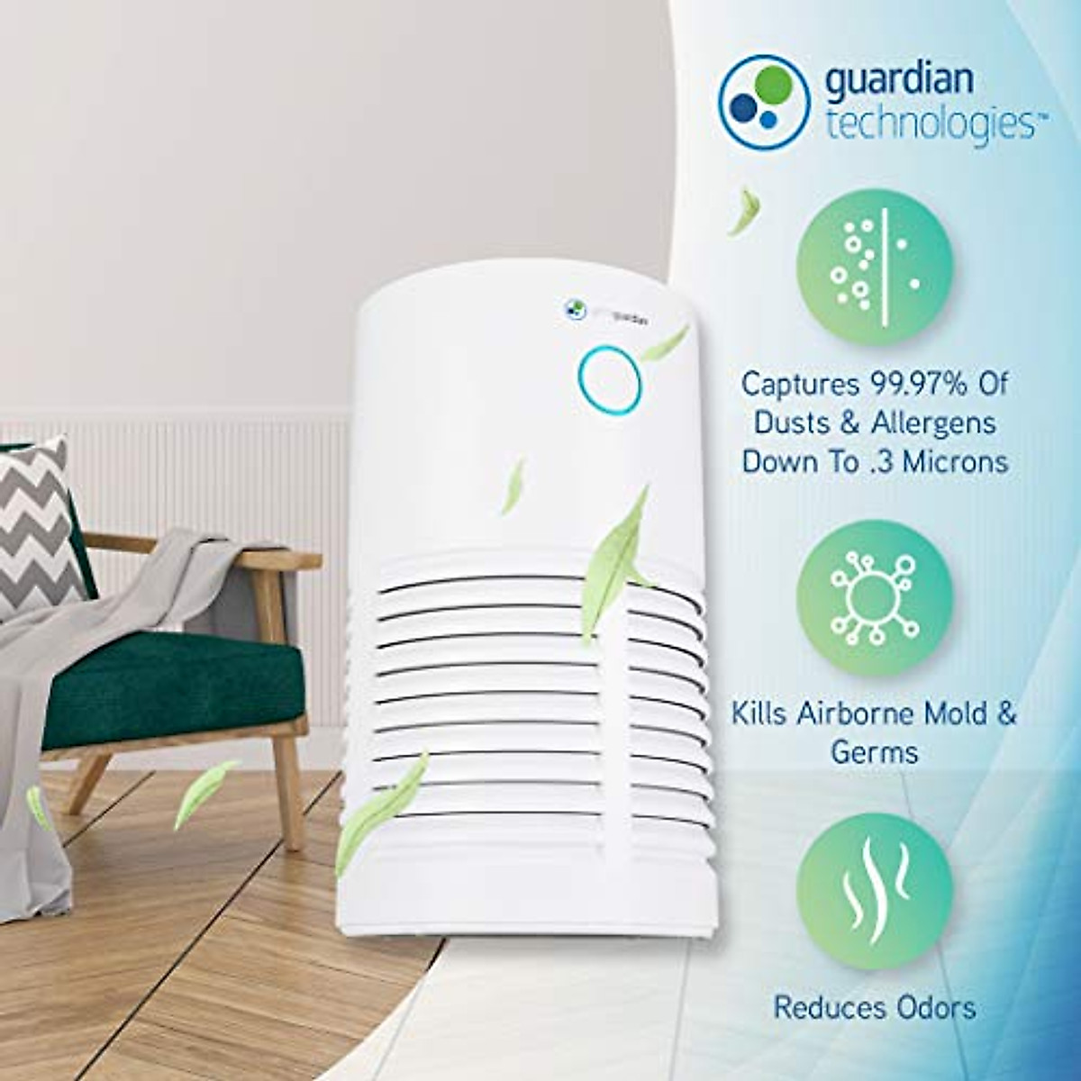 GermGuardian Air Purifier with HEPA Filter, UV Sanitizer and Odor Reduction, White, 15" Tower