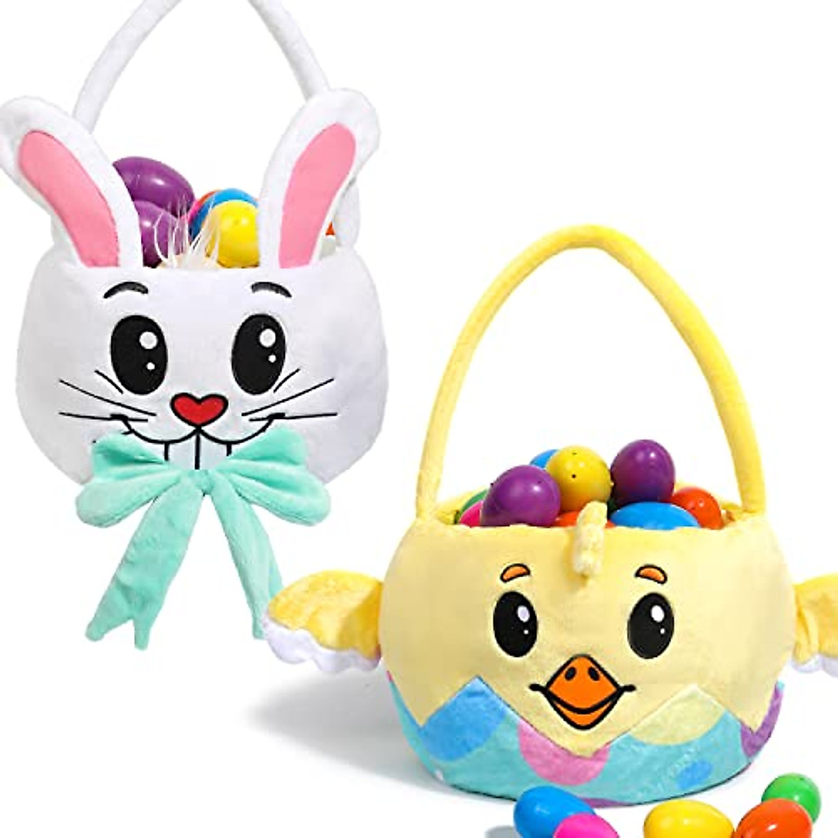 JOYIN 2 Pcs Plush Easter Basket, Fluffy 3D Bunny & Chicken Basket Set for Baby Kids Easter Egg Hunting, Party Supplies, Decorations, Candy Gifts Storage